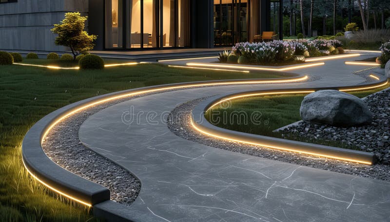 Modern Pathway with Integrated LED Lighting, Minimalist Landscaping ...