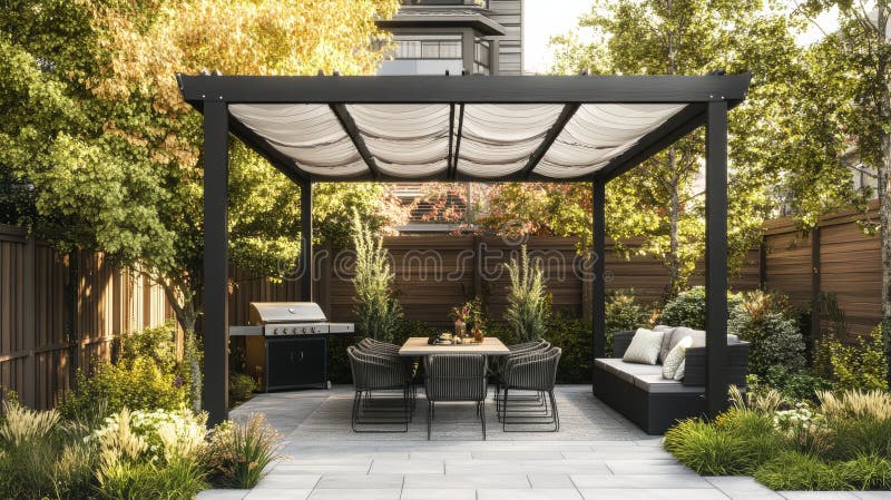 Modern Patio Design Black Pergola, Dining Set, Grill Stock Illustration - Illustration of chic ...