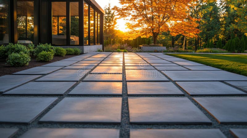 Modern Patio Design with Gray Stone Pavers at Sunset Stock Illustration ...