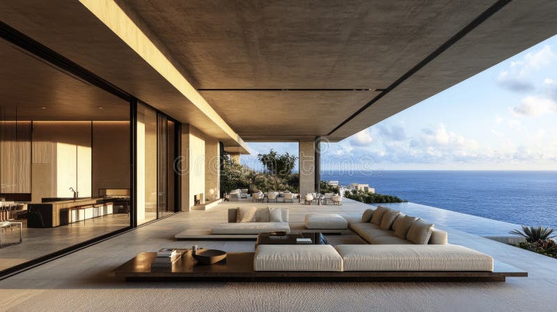 Modern Patio with Sectional Sofa Overlooking Ocean Stock Illustration ...