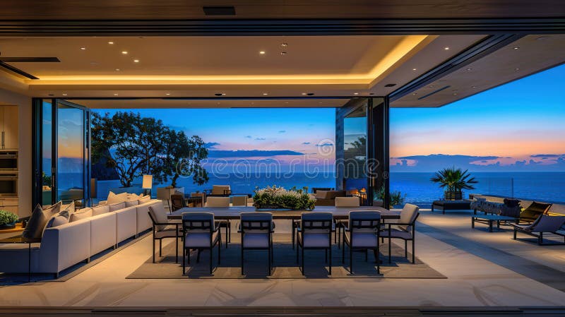 Modern Patio with Stunning Ocean Sunset View Stock Illustration ...