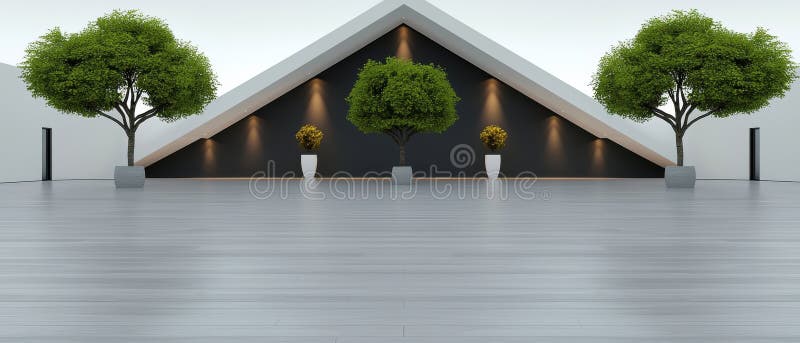 Modern Patio with Three Trees and a Triangle Wall Stock Image - Image ...