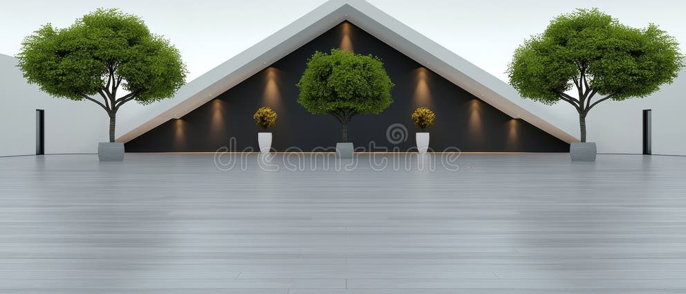 Modern Patio with Three Trees and a Triangle Wall Stock Image - Image ...