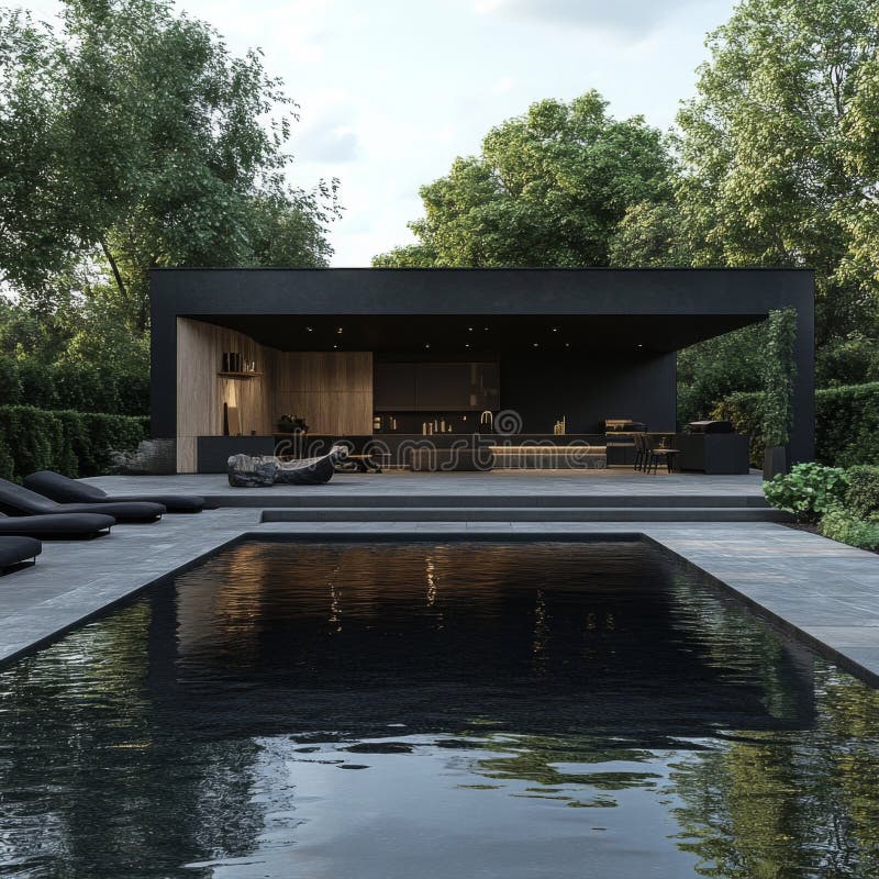 Modern Outdoor Pavilion with Elegant Pool and Lush Surroundings Stock ...