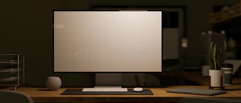 Modern Pc Computer White Screen Mockup in Dark Office Room Stock ...