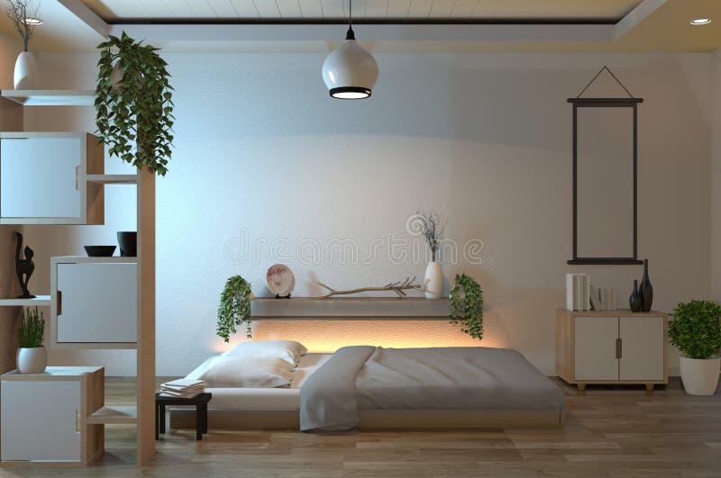 Modern Peaceful Bedroom. Zen Style Bedroom Modern Zen. 3D Rendering ...
