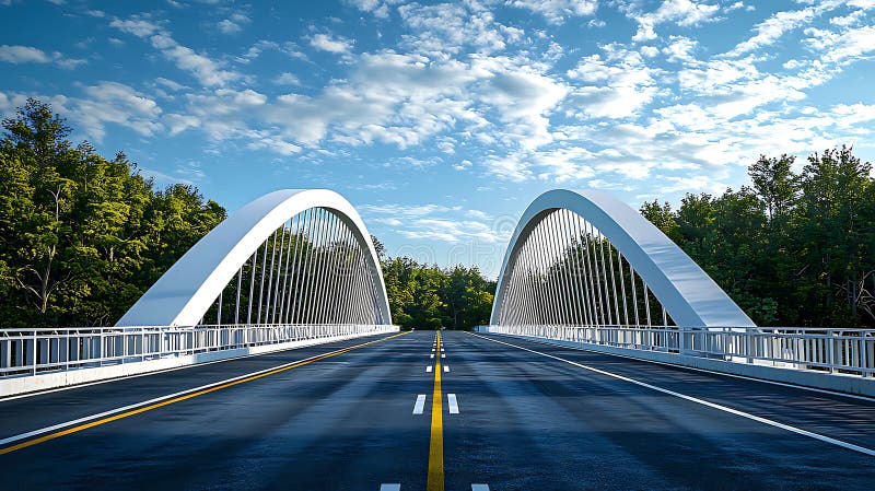 Modern Pedestrian Bridge Arches Over Highway, Surrounded by Trees and ...