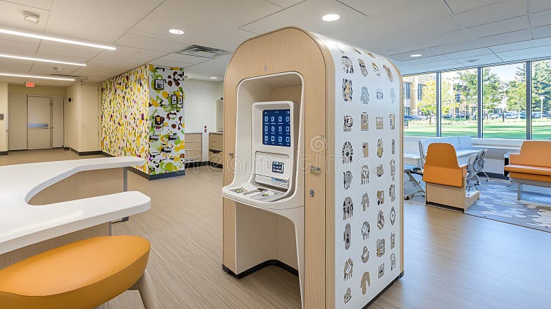 Modern Pediatric Waiting Area with Interactive Kiosk and Comfortable ...