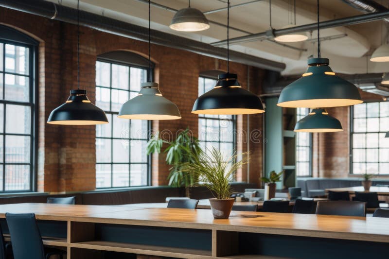 Modern Pendant Lights in Co-working Space Stock Image - Image of ...