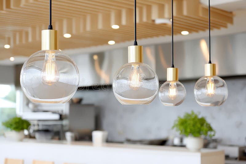Modern Pendant Lights in Contemporary Kitchen Interior Design Stock ...