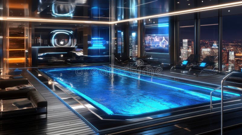 Modern Penthouse Apartment Infinity Pool Night View Stock Illustration ...