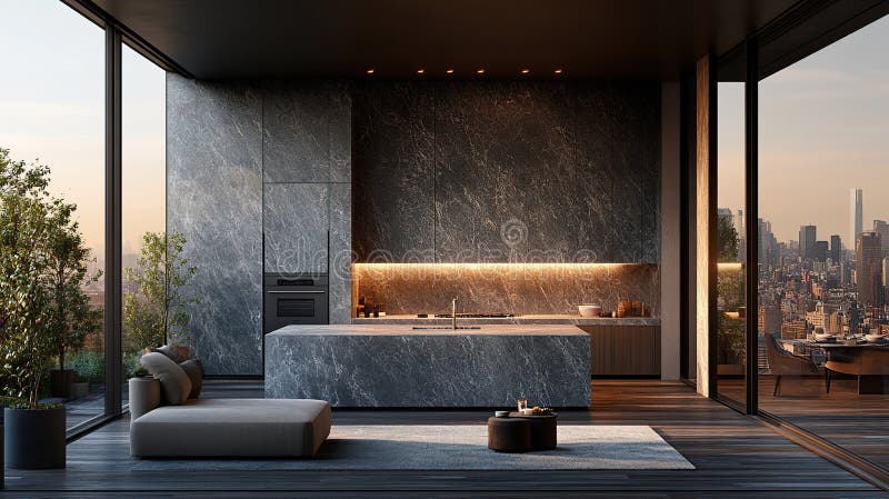 Modern Penthouse Kitchen with City Views Stock Illustration - Illustration of penthouse ...