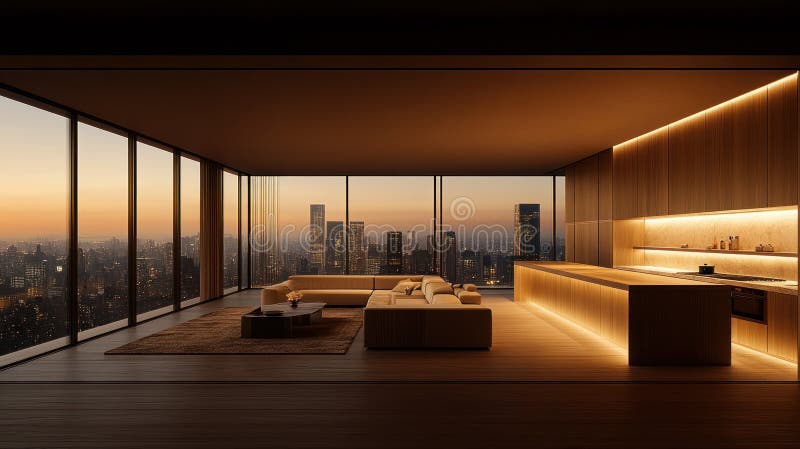 Modern Penthouse Living Area with City Views Stock Illustration ...