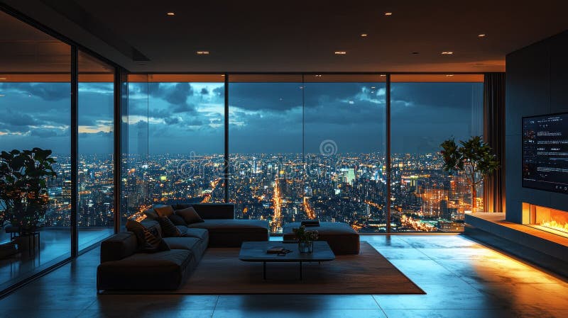 Modern Penthouse Living Room at Night with Panoramic City Views Stock ...