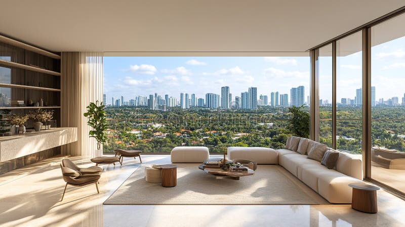 Modern Penthouse Living Room with Panoramic City Views Stock ...