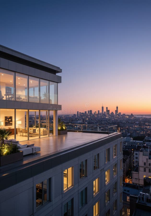 Modern Penthouse Rooftop with City Skyline at Sunset Stock Illustration ...