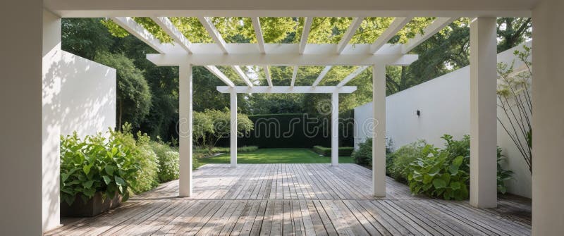 Modern Pergola Providing Shade on Wooden Deck in Luxurious Backyard ...