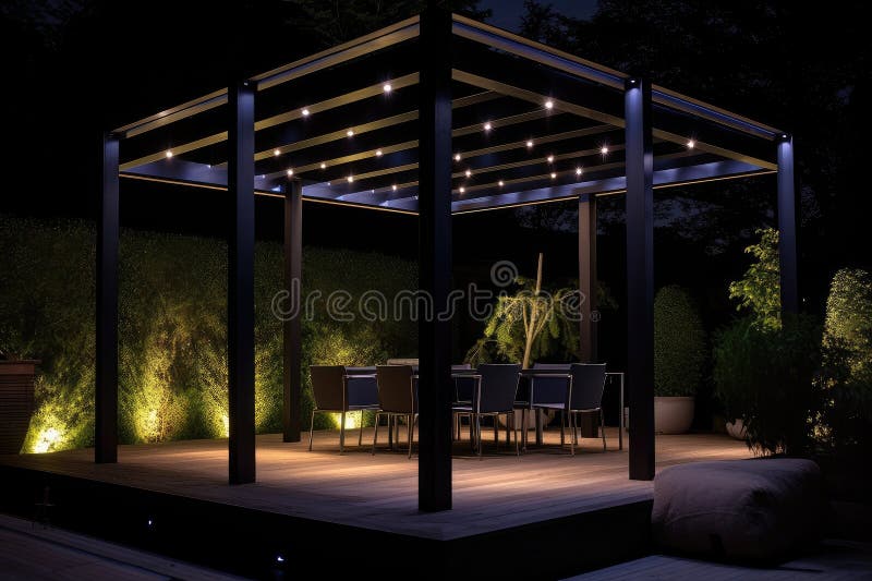 Modern Pergola with Sleek Metal Frame, Lit by Uplighting Stock ...