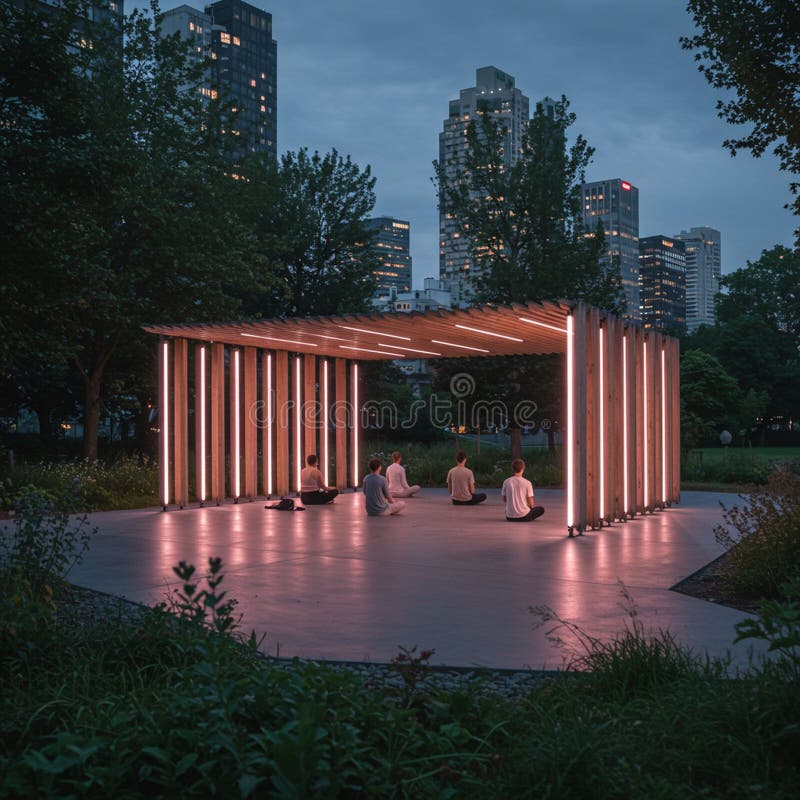 Modern Pergola Structure with Vertical Light Panels in a Park Setting ...