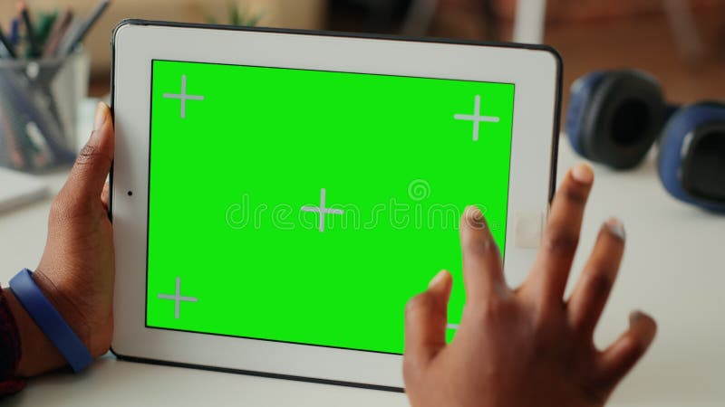 Modern Person Looking at Horizontal Greenscreen Display on Tablet Stock ...