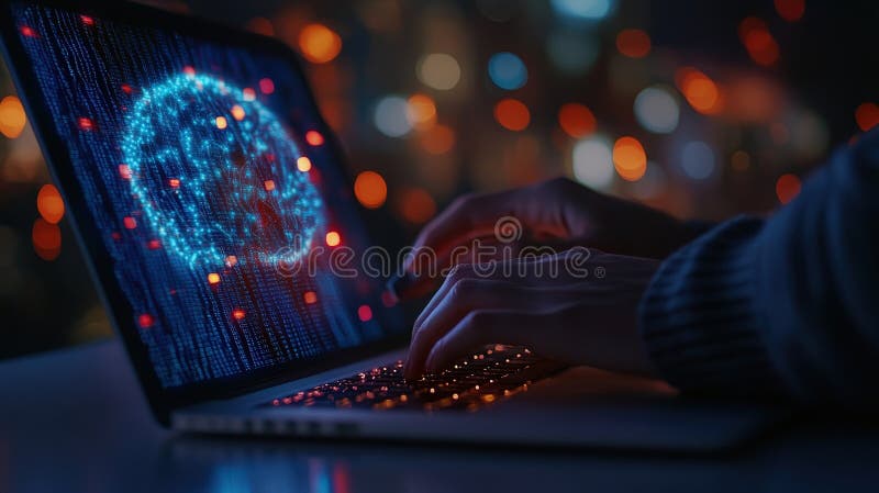 Modern Person Using Laptop To Interact with Glowing AI Brain in a ...