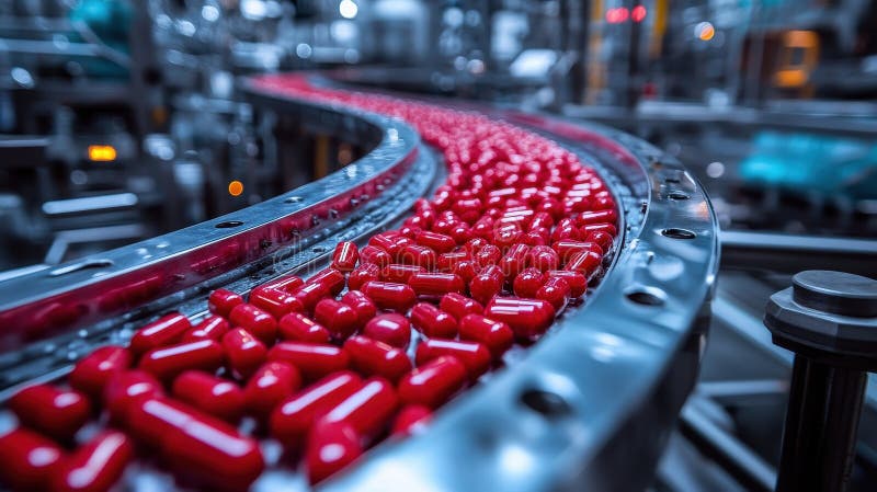 Modern Pharmaceutical Manufacturing Process with Red Capsules on ...