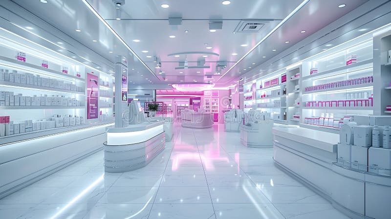 Modern Pharmacy Interior with Bright White and Pink Lighting Stock ...