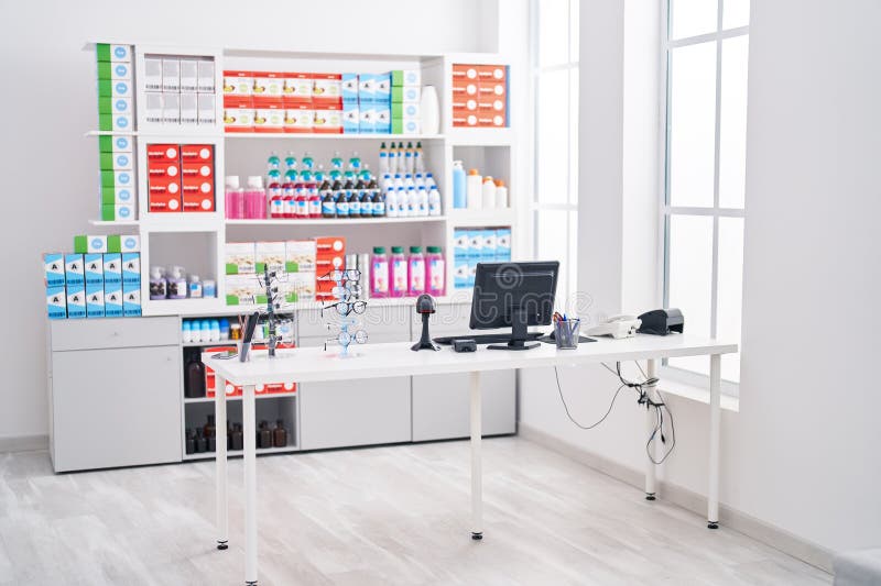 Modern Pharmacy Interior with Medicine Shelves, Computer, Eyeglasses ...