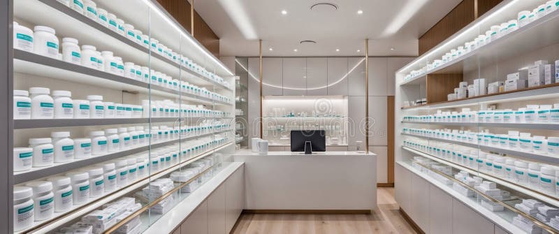 Modern Pharmacy Interior with Organized Shelves of Medicine Stock ...