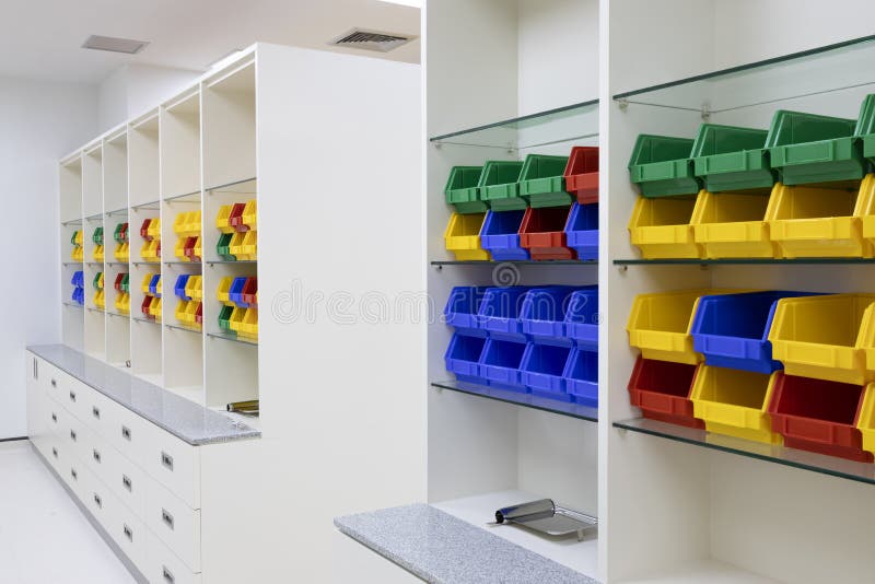 Modern Pharmacy Shelves with Multicolor Boxes Stock Image - Image of ...