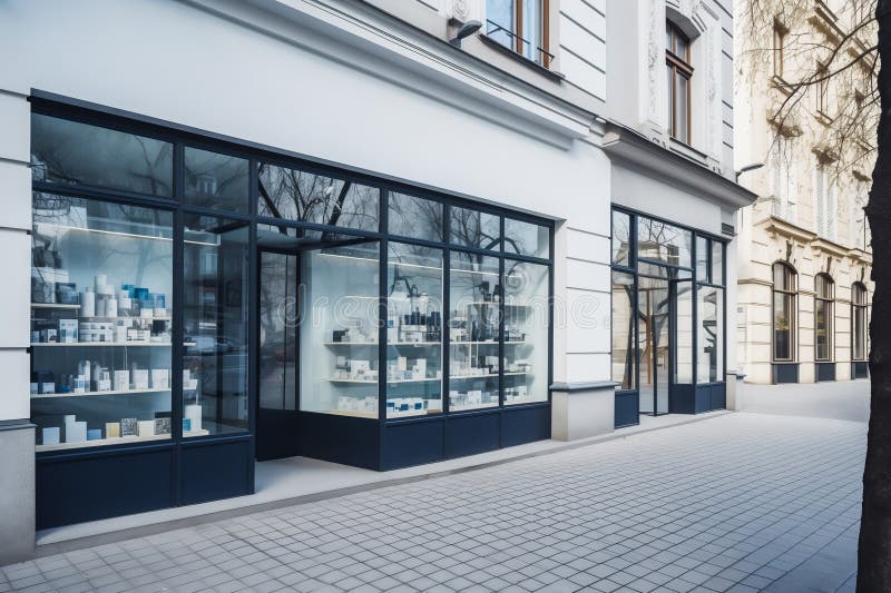 Modern Pharmacy Storefront with Transparent Windows on City Street ...