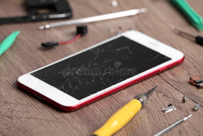 Modern Phone with Broken Display and Repair Tools Stock Image - Image ...