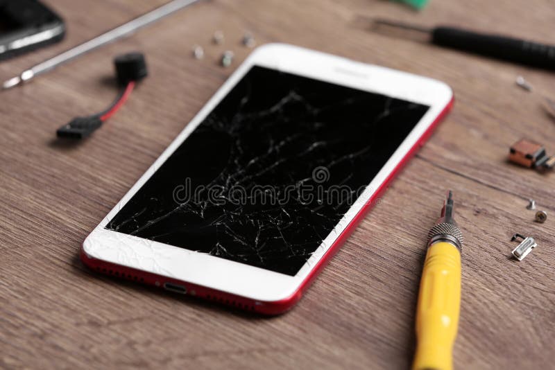 Modern Phone with Broken Display and Repair Tools Stock Image - Image ...