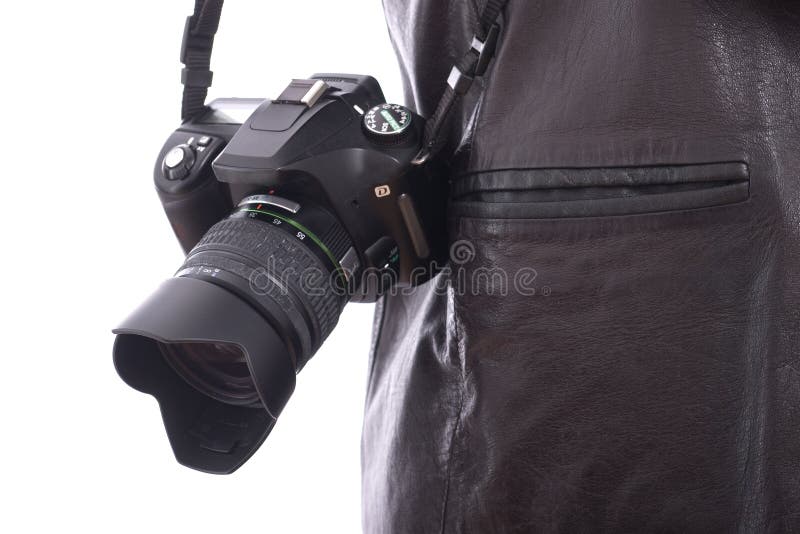 Modern Photo SLR Camera Hanging on the Shoulder Stock Image - Image of ...