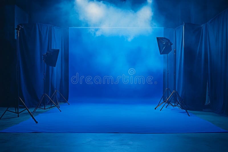 Modern Photo Studio with Blue Backdrop, Softboxes, and Smoke, Ready for ...