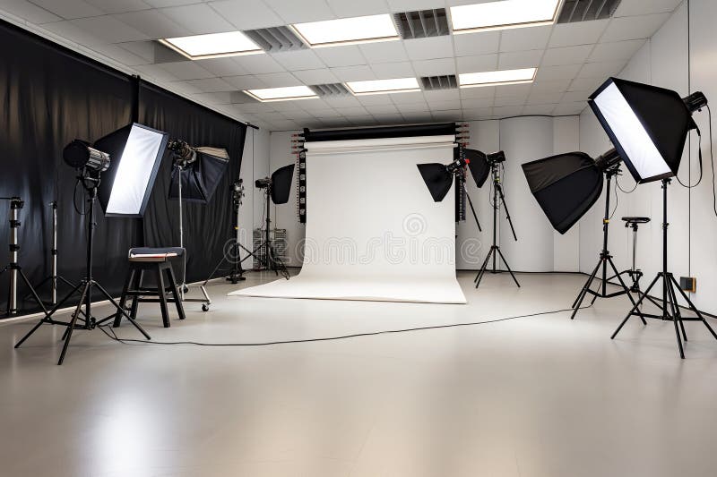 Modern Photo Studio with Bright Lighting Equipment. Empty Room with ...