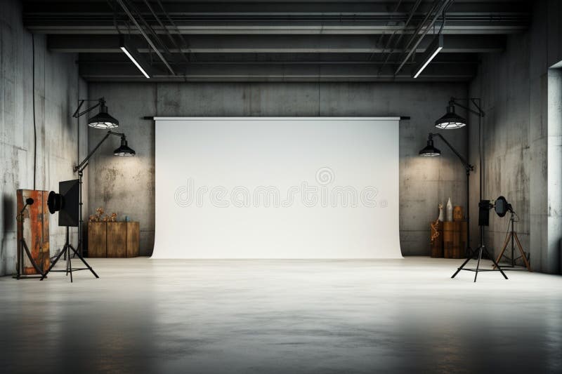 Modern Photo Studio Interior with Empty White Wall and Equipment Stock ...