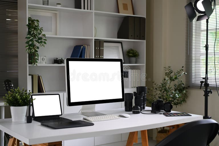 Modern Photographer Workspace with Digital Camera, Lenses, and Blank ...