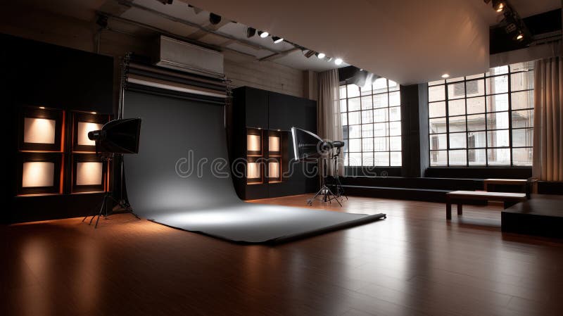 Modern Photography Studio Interior with Dark Walls Stock Illustration - Illustration of interior ...