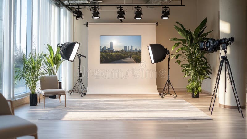 Modern Photography Studio Setup with Lighting, Backdrop, and Camera ...