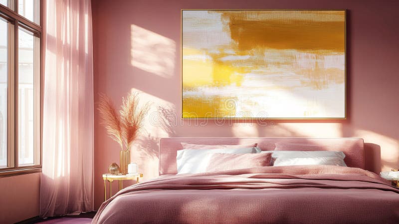 Modern Pink Bedroom Interior Design with Gold Abstract Art Stock ...