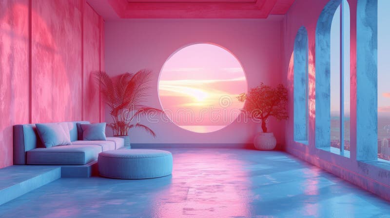 Modern Pink and Blue Lounge with Circular Sunset Window Stock ...