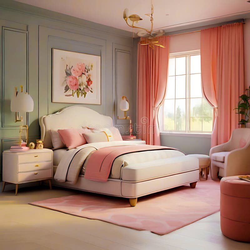 Modern Pink Cozy Bedroom Illustration. Generative AI Stock Illustration ...