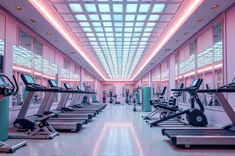 Modern Pink Gym Interior with Treadmills and Exercise Equipment Stock ...