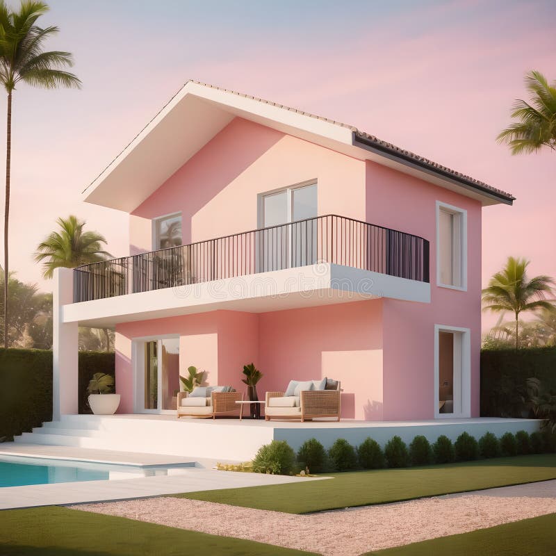 Modern Pink House with Pool and Palm Trees. Stock Illustration ...