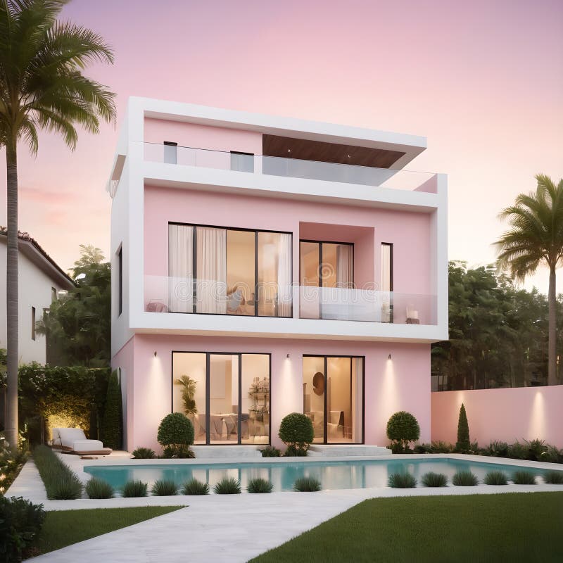 Modern Pink House with Swimming Pool. Stock Illustration - Illustration ...