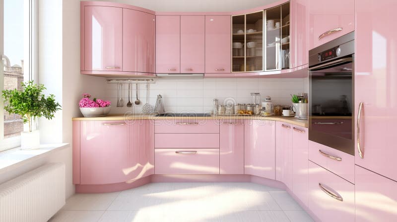 Modern Pink Kitchen with Sleek Cabinets and Bright Natural Light Stock ...