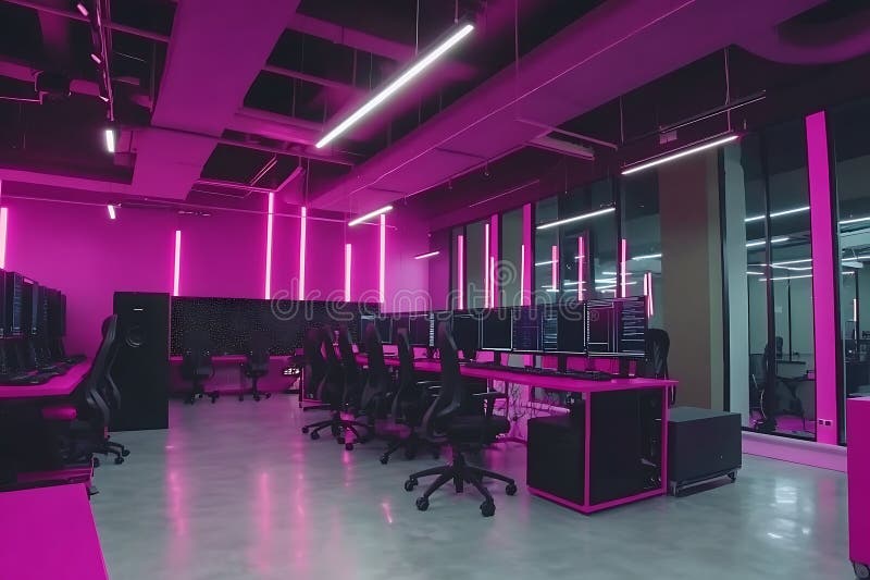 Modern Pink Lit Office Workspace with Multiple Computer Stations a ...