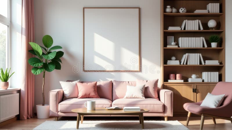 Modern Pink Living Room Interior with Blank Canvas Mockup Stock ...