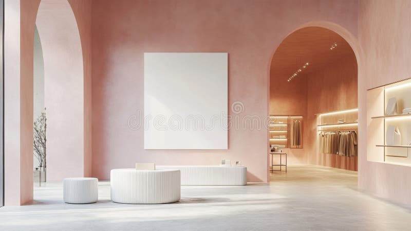 Modern Pink Minimalist Store Interior with Blank Canvas Stock ...